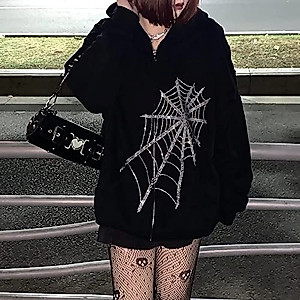 Womens Y2k Rhinestone Spider Web Zip Up Hoodies Vintage Harajuku Oversized Long Sleeve E Girl Streetwear Hoody with Pocket (L, Black)