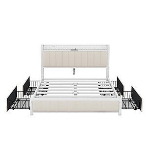 Queen Size Bed Frame with LED Headboard, Metal and Upholstered Platform Bed with Charging Station and 4 Drawers Storage, No Box Spring Needed, Beige