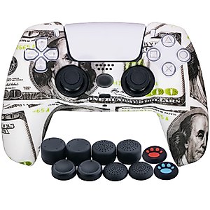 YoRHa Water Transfer Printing Silicone Thickened Cover Skin Case for PS5 Controller x 1(US Dollars) with Thumb Grips x 10