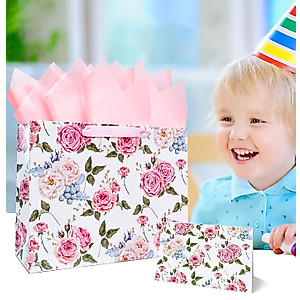 MUNILAIL 13 Inches Large Gift Bag for Women Flower Gift Bag with Handle Tissue Paper and Greeting Card for Birthday Wedding Bridal Shower Party Large Pink Paper Gift Bag
