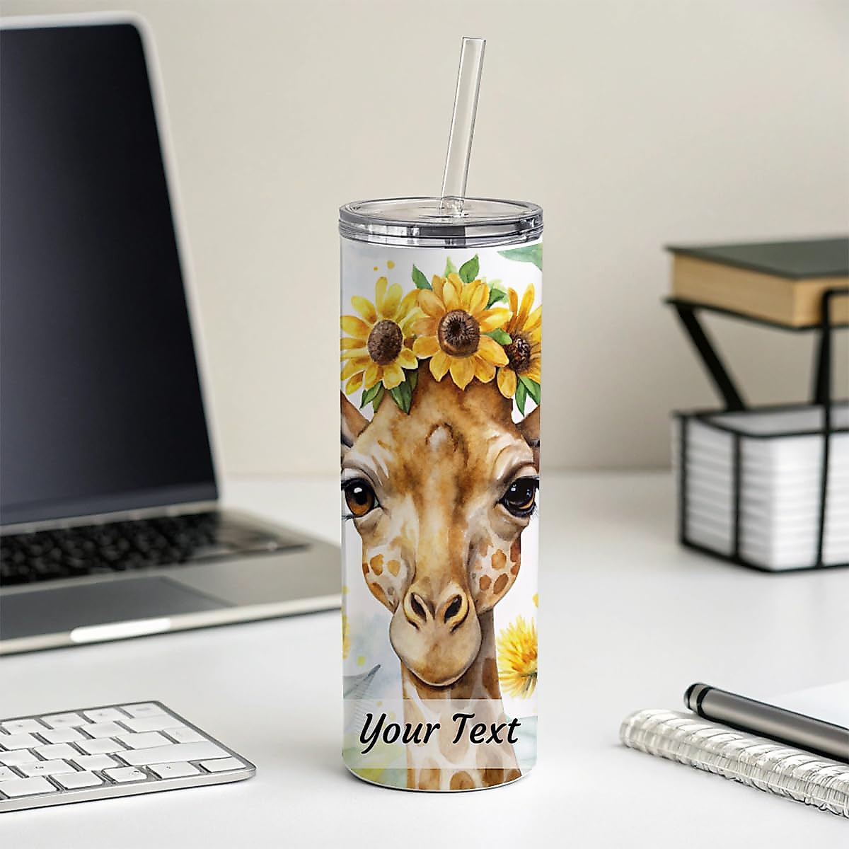 Personalized Custom Name Text Giraffe Watercolor Design With Sunflowers Skinny Tumbler 20oz with Straw Insulated Water Bottle Gift - 1 Line Horizontal