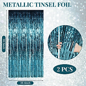 6 Pcs Under Sea Mermaid Party Decoration, Include Glitter Iridescent Jellyfish Decor, Light Blue Metallic Tinsel Foil Fringe Curtains Backdrop for Ocean Theme Birthday Party