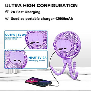 Portable Fan, Stroller Fan 60Hrs 12000mAh Battery Operated Fans USB Rechargeable Small Fan for Bedroom, Desk, Personal Handheld, Clip on Fan for Baby Stroller, Travel, Car Seat, Peloton, Bed, Camping