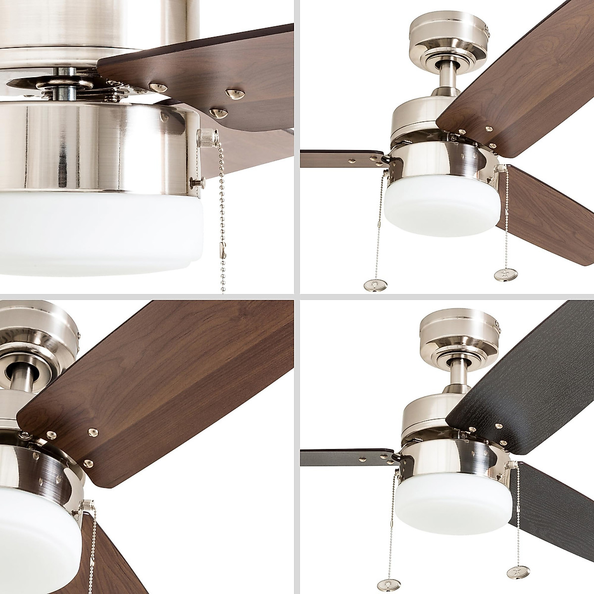 Prominence Home Reston, 42 Inch Modern Farmhouse LED Ceiling Fan with Light, Pull Chain, Dual Mounting Options, Dual Finish Blades, Reversible Motor - 51014-01 (Brushed Nickel)