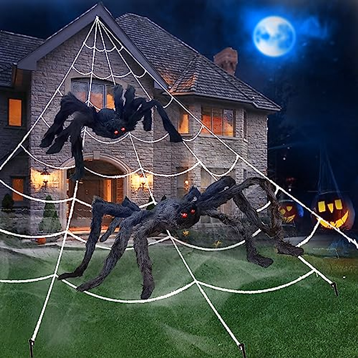 UNGLINGA Giant Spider Web Halloween Decorations Outdoor with 50inch & 30inch Large Spiders, Hanging Mega Huge Spider Web 2 Scary Fake Black Spiders for Yard Garden Outside House Indoor Decor