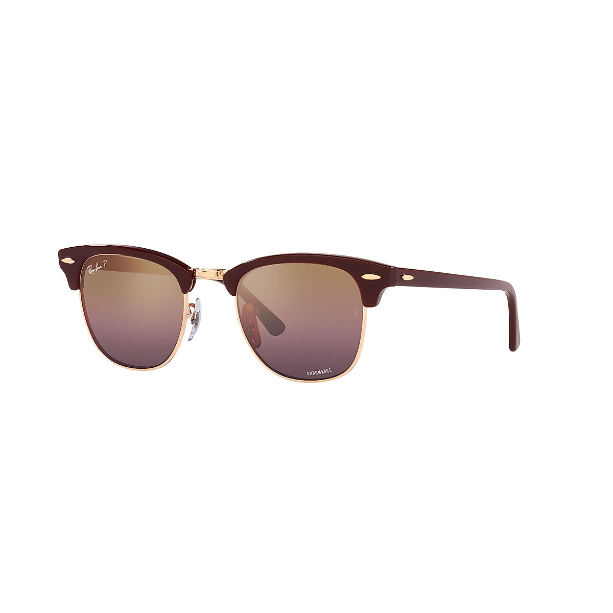 Ray-Ban RB3016F Clubmaster Low Bridge Fit Square Sunglasses, Bordeaux on Rose Gold/Polarized Red, 55 mm