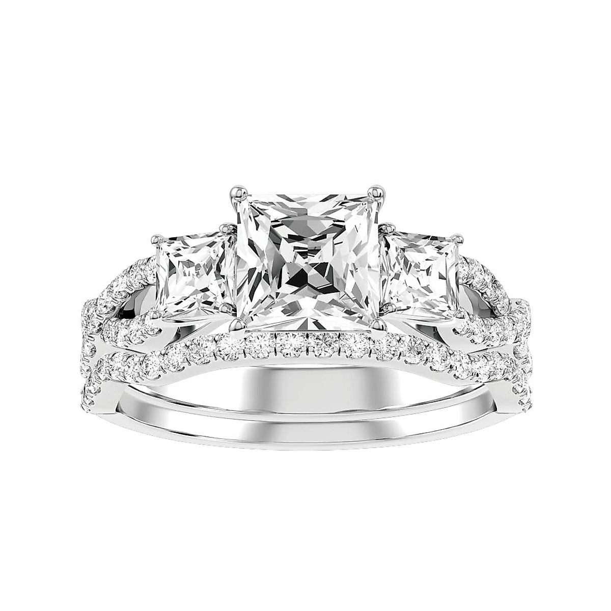 1.7 CT 3-Stone Princess Cut Bridal Set Moissanite engagement rings for women 10K 14k 18K gold ring Platinum Plated Silver Princess moissanite rings -4105