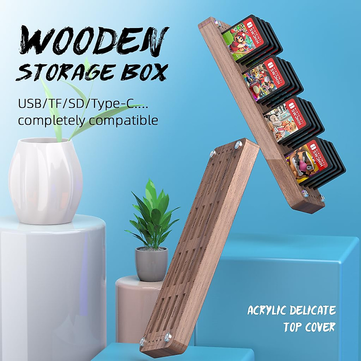 FEIFANZHE 16 Slots Wooden Storage Case Stand for Nintendo Switch Game Cards, TF Card Holder - Walnut Box F01M-S