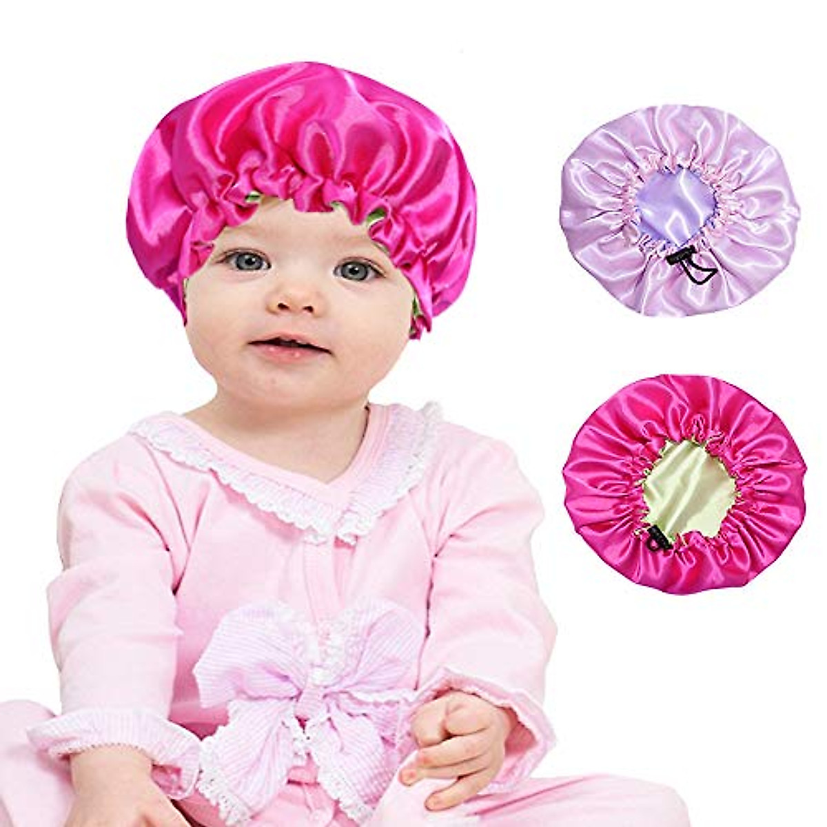 Adjustable Kids Satin Bonnets Sleeping Caps Shower Caps for Girls Boys,Elastic Band and Reversible,Soft,Breathable,Fit Most Kids Head and Hair Style (red,pink)