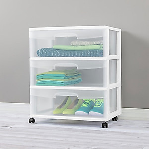 Sterilite 29308001 Wide 3 Drawer Cart, White Frame with Clear Drawers and Black Casters, 1-Pack