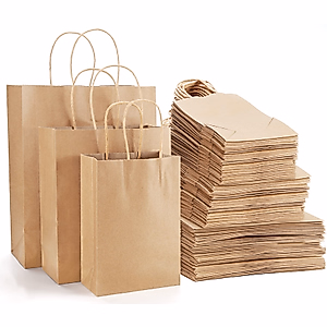 Kslong 105 Pack Brown Kraft Gift Bags with Handles, Natural Plain Kraft Paper Shopping Bags Bulk for Retail Business, Grocery, Merchandise, Craft, Birthday, Wedding, Party Favors in 3 Sizes