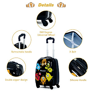 Goplus 2PC Kids Luggage, 12" & 16" Kids Carry On Luggage Set with 4 Spinner Wheels, Lightweight Rolling Spinner Suitcase for Children Toddlers Boys and Girls Travel (Monsters)