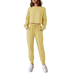 ZESICA Women's Long Sleeve Crop Top and Pants Pajama Sets 2 Piece Jogger Long Sleepwear Loungewear Pjs Sets,Yellow,Large