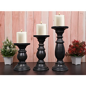 SAMHITA Set of 3 Farmhouse Mango Wood Candle Holders, in Black Finish for Table Centerpiece Candle for Any Room Decor