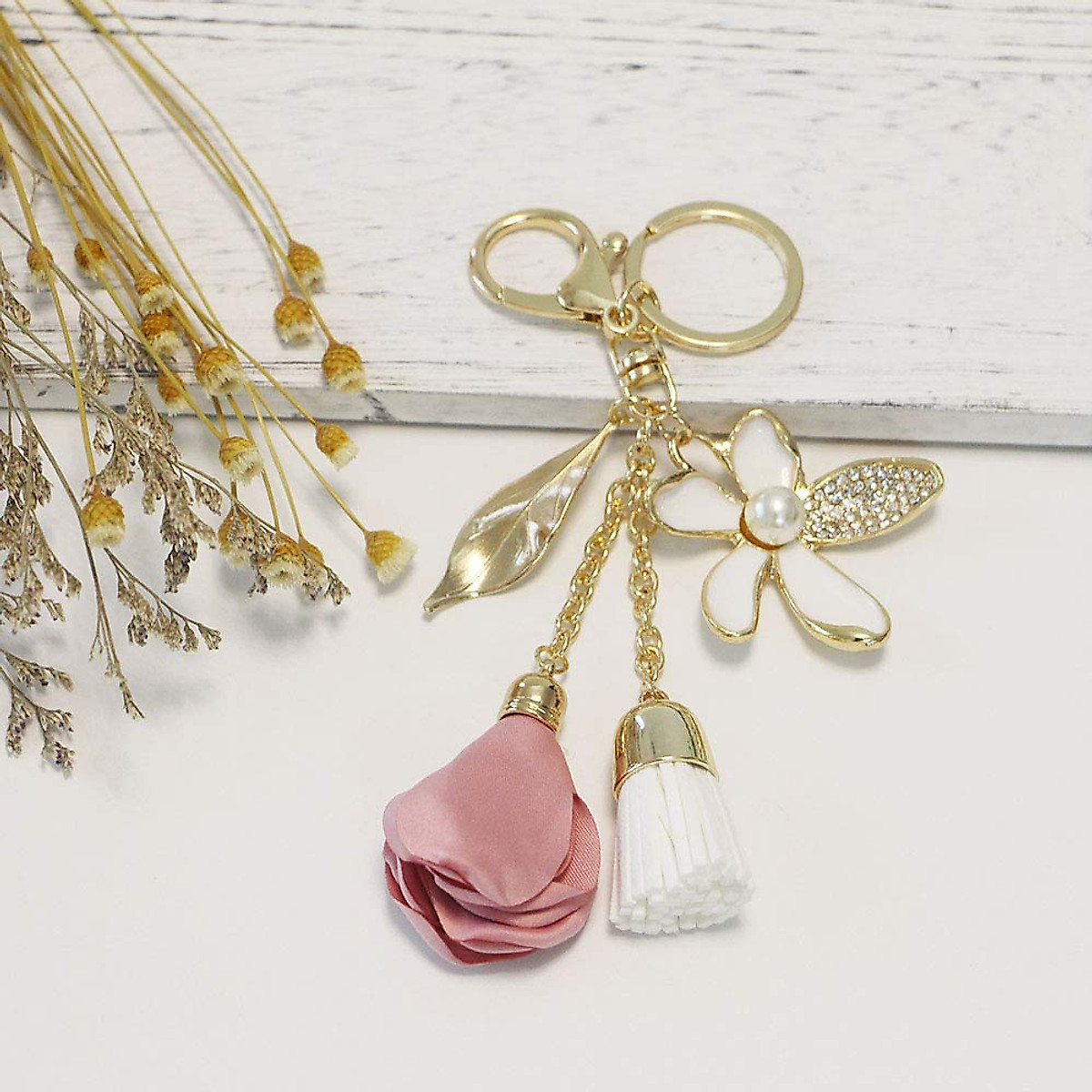 SWJEWEL Flower Keychain Rhinestone Tassel Leaf Key Ring Women Wallet Bag Pendant Charms Gold Pink