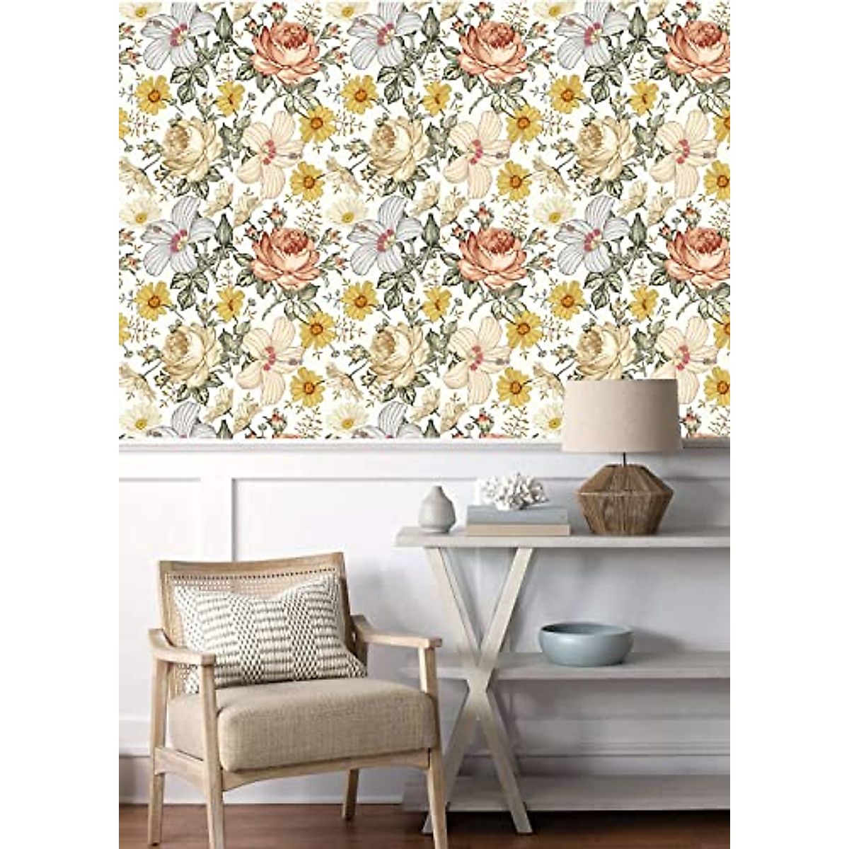 Blooming Wall Beige Multicolor Peony Daisy Peel and Stick Wallpaper Self Adhesive Wall Mural Wall Decor, 14.5 Square Ft/Roll