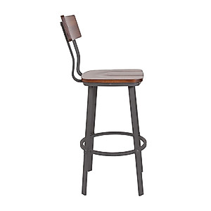 Flash Furniture Flint Series Rustic Walnut Restaurant Barstool with Wood Seat & Back and Gray Powder Coat Frame