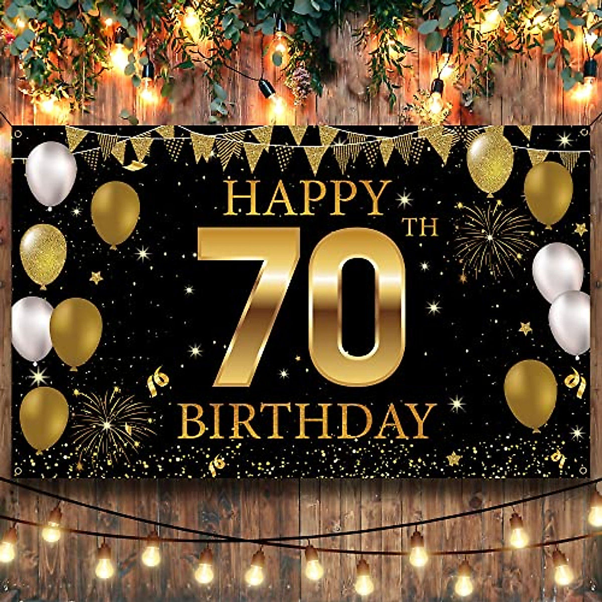 70th Birthday Party Decorations Backdrop Banner, Black Gold Happy 70th Birthday Decorations for Men Women, 70 Years Old Birthday Photo Booth Props, 70 Birthday Sign for Outdoor Indoor, Fabric Vicycaty