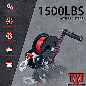 TYT 1500LB Boat Trailer Strap Winch with 8M Red Strap, Sturdy Long-Lasting Gear Hand Crank Winch, Operated Two Way Ratchet Manual Winches for Towing Pulley Boat Trailer Truck RV Jet Ski Marine Winch