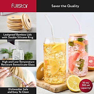 fullstar Glass Cups with Lids and Straws - Drinking Glasses, Glass Tumbler with Straw and Lid, Iced Coffee Cups, Glass Coffee Cups with Bamboo Lids (Multicolor No Sleeves, 8 Pack)