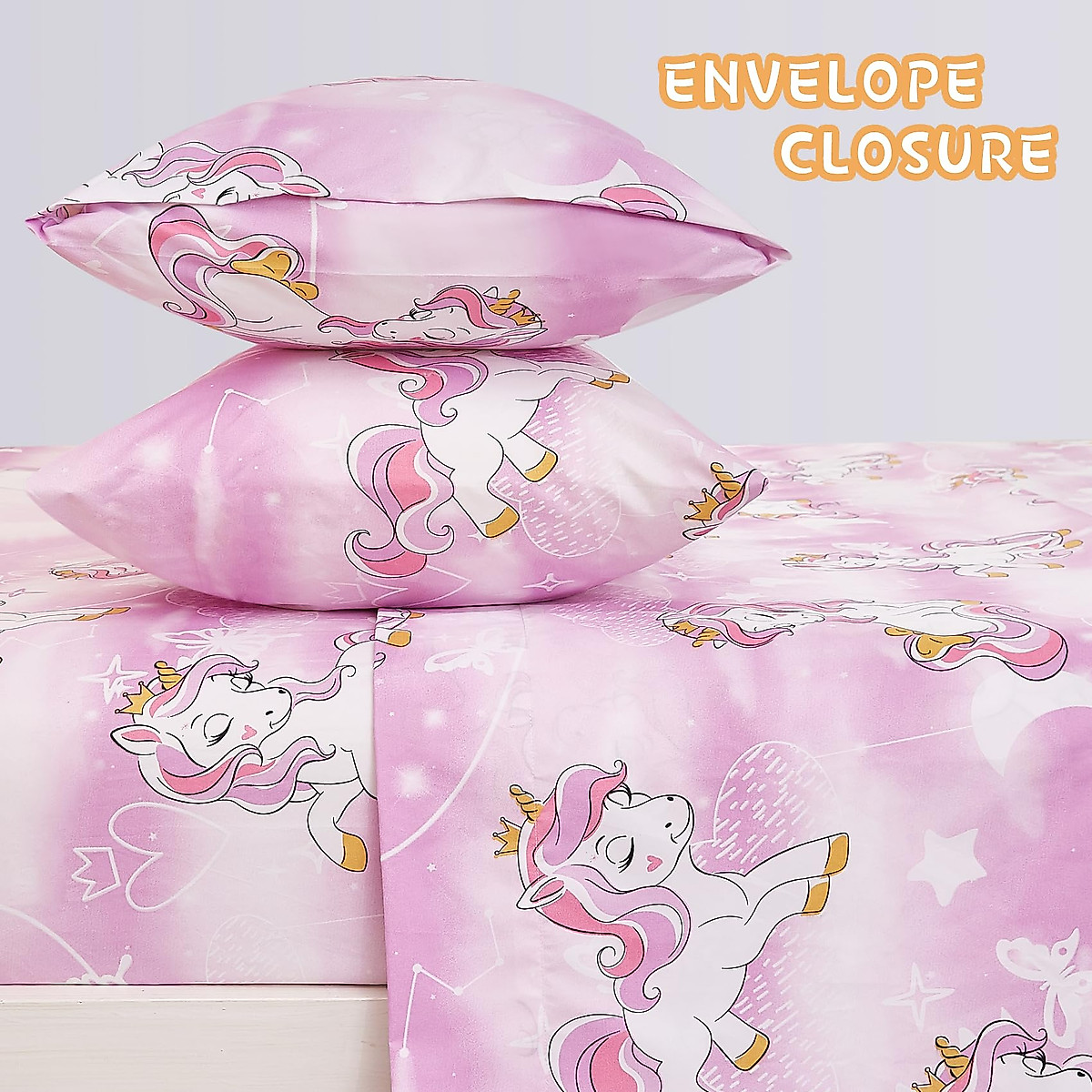 Yibeizi Unicorn Twin Sheets Set for Girls, Kids Cute Princess Printed Bedsheets Microfiber Deep Pocket Bed Sheet & Pillowcase Sets 3 Pieces