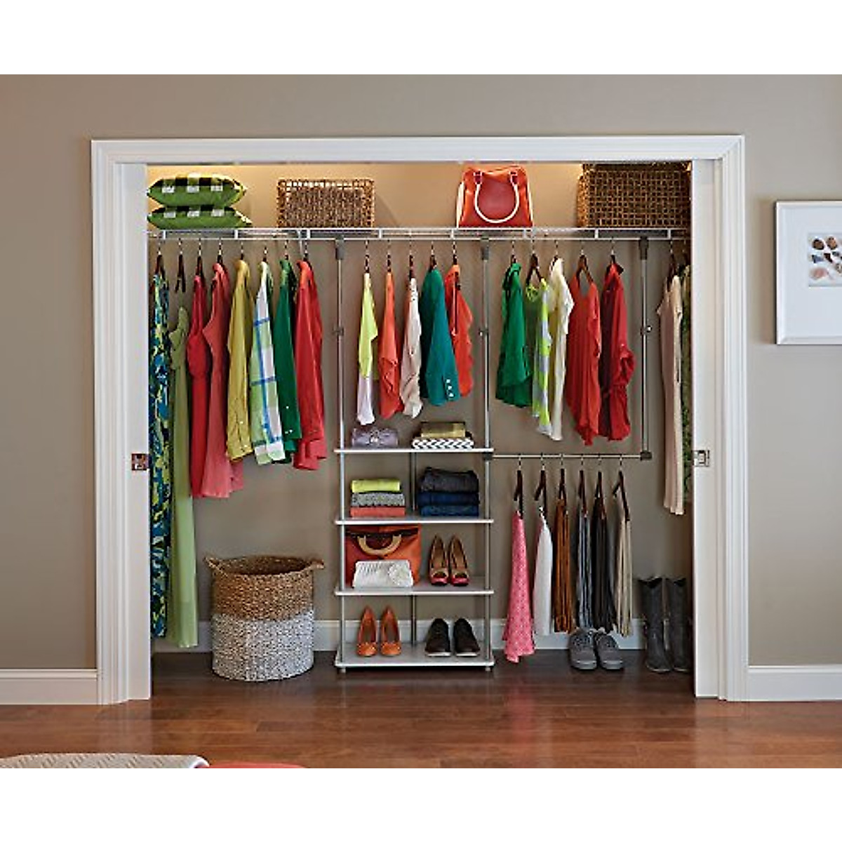 ClosetMaid 55300 Closet Maximizer with (4) Shelves & Double Hang Rod, Tool Free Add On Unit, White Finish,11.6 x 53 x 74 inches