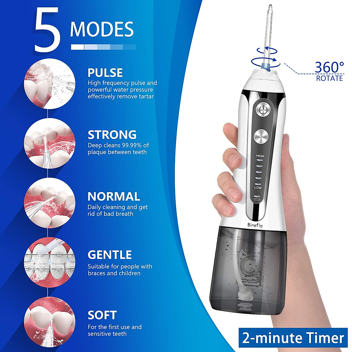 Cordless Water Dental Flosser for Teeth with 5 Modes, 2 in 1 Portable Oral Irrigator & Toothbrush with 6 Tips, 300ML, IPX7 Waterproof, USB Rechargeable Water Pick Teeth Cleaner for Braces & Bridges