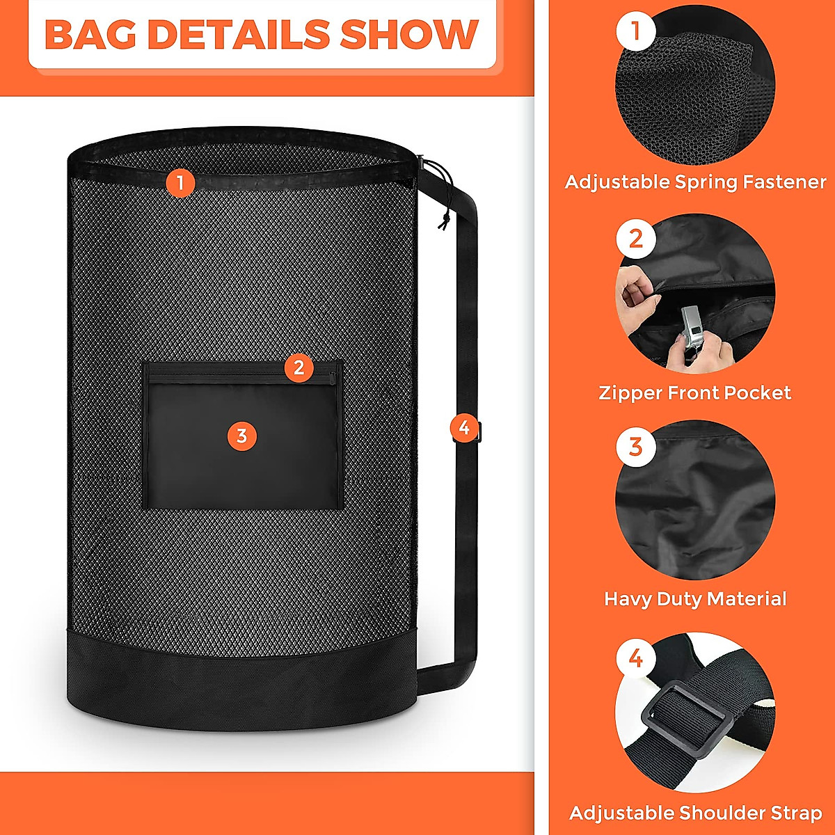 Extra Large Sports Ball Bag, Mesh Soccer Team Balls Bag, Drawstring Sport Equipment Storage Bag for Basketball, Beach Cloth and Swimming Gears with Adjustable Shoulder Strap & Front Pocket(30” x 40”)