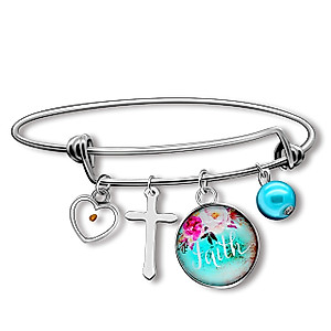 NA Expandable Faith Heart Bangle Bracelet Stainless Steel Cross Mustard Seed Pendant Cuff Bangles for Women Teen Girls 2.5 Inches Y740