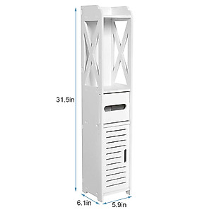 Bathroom Toilet Cabinet White Wood Cabinet Bathroom Floor Cabinet Freestanding Cabinet Fabric Shelf Shelf, 31.5 x 6.1 x 5.9in