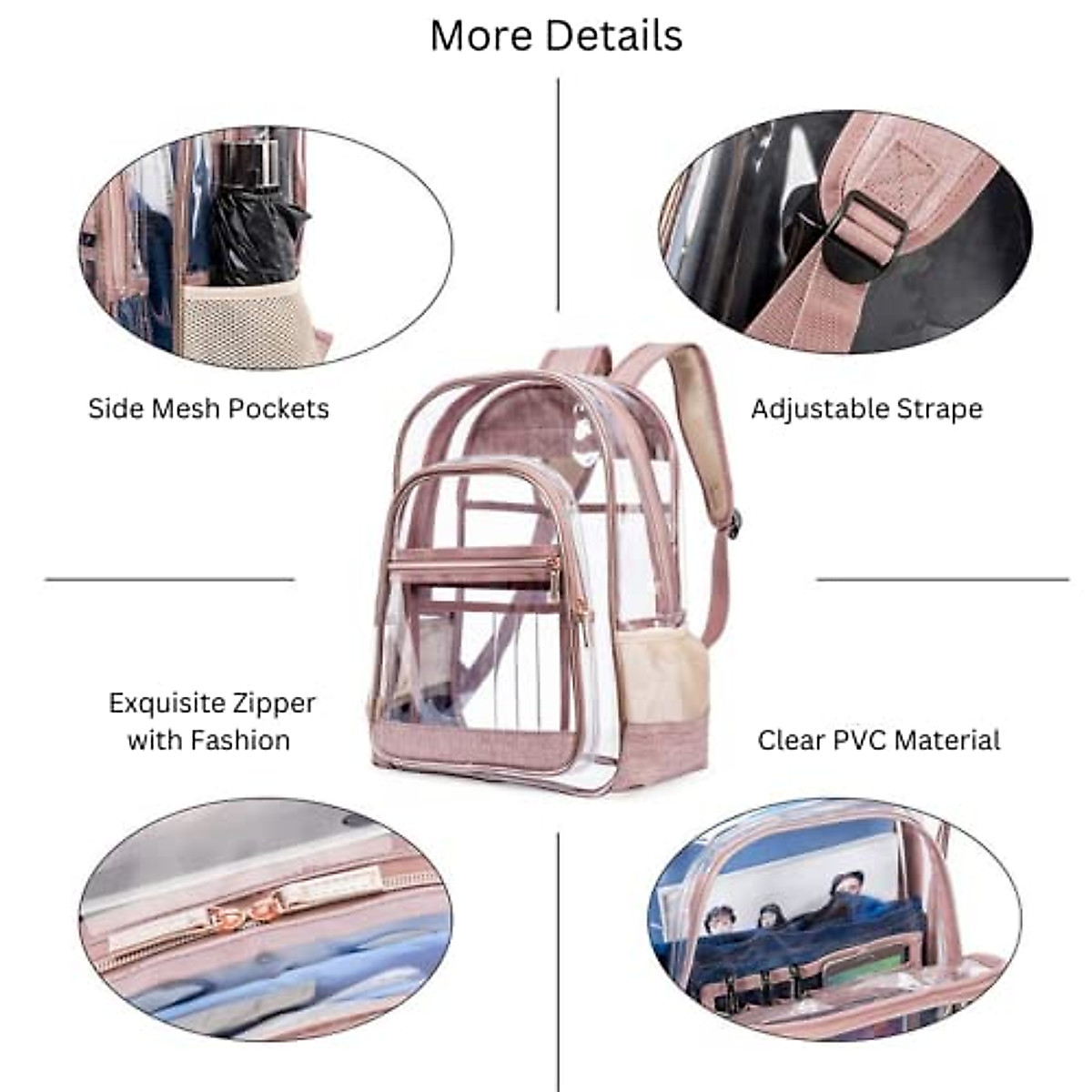 Heavy Duty Clear Backpack - 15L Large Transparent Bag with Adjustable Straps, Multiple Pockets & Compartments - Durable See-Through Plastic Clear Book Bag for School, Work, Travel - Rose Pink