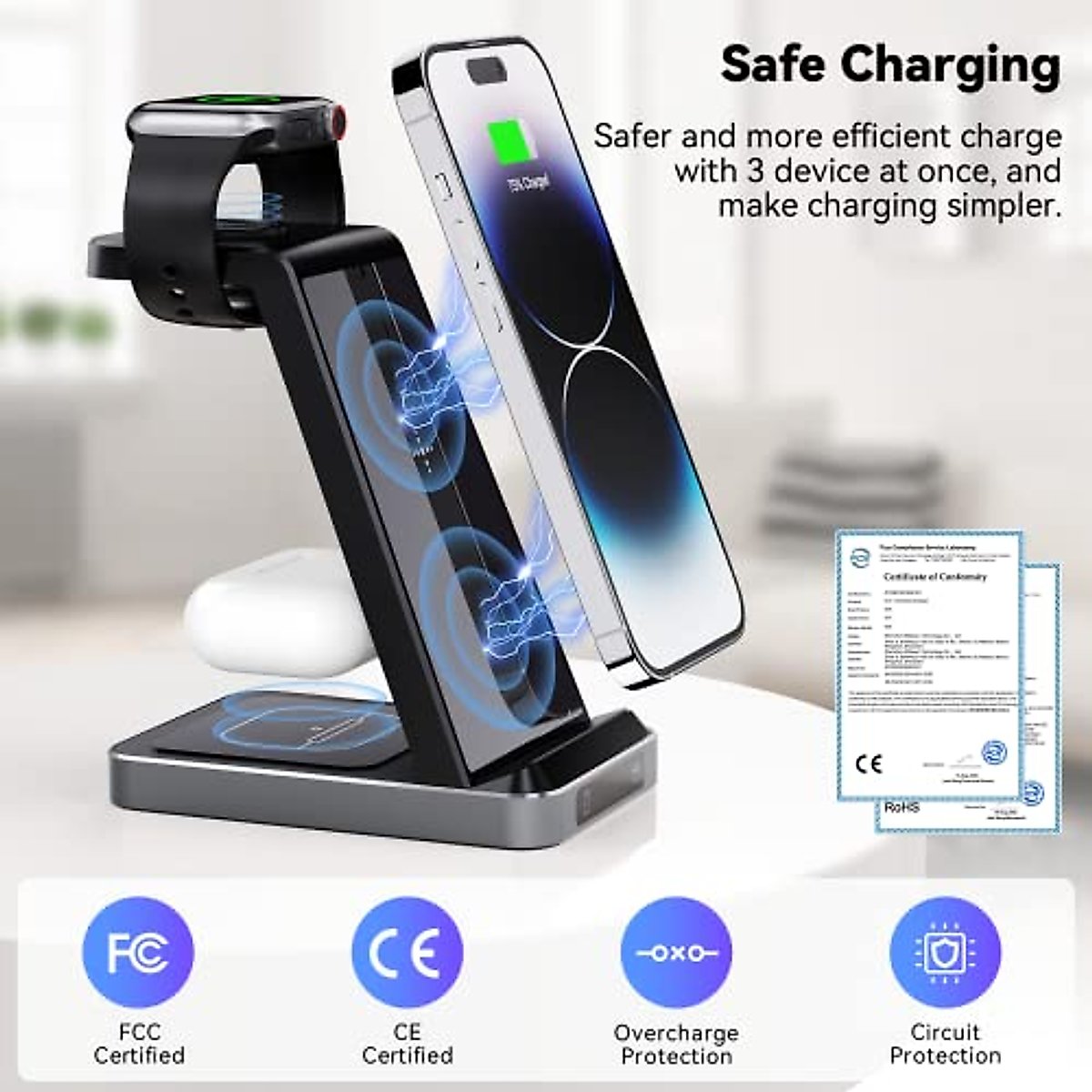 Charging Station for iPhone Multiple Devices - 3 in 1 Fast Wireless Charger Dock Stand for iPhone 14 13 12 11 Pro X Max XS XR 8 7 Plus 6s 6 Apple Watch Series 7 6 SE 5 4 3 2 & Airpods with Adapter