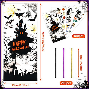 JULBEAR Halloween Cellophane Bags,180Pcs Halloween Treat Bags with 200Pcs Twist Ties, Halloween Goodie Candy Bags for Halloween Party Supplies