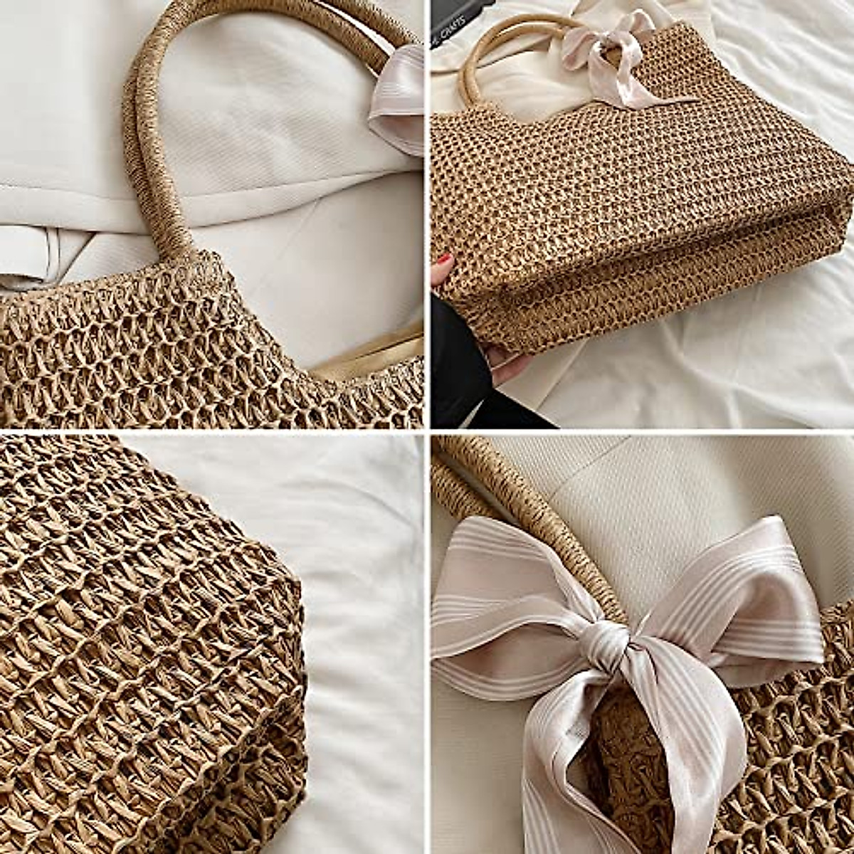 QTKJ Summer Beach bag, Handwoven Straw Bag, Soft Large Beach Tote Boho Beach Shoulder Hand Bag, Woven Bag for Women Vacation Travel, Daily(Khaki)