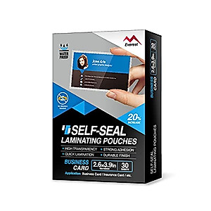 Everest Self Adhesive Laminating Pouches, Self Sealing Pouches for Cards, Waterproof, 2.6 x 3.9 Inches, 30 Sheets,10 Mil Thick, Gloss Finish Business Card, No Laminating Machine Needed