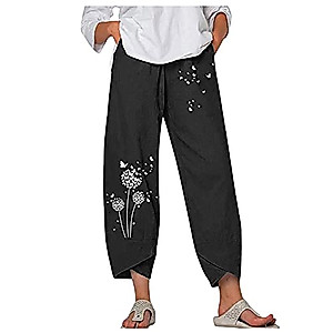 Mackneog Casual Capri Pants Wide Leg Wide Leg Loose Fitting Capri for Women Casual Summer Casual Linen Capris Cropped Cotton Black