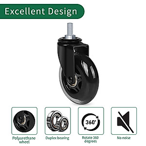 8T8 Office Chair Caster Wheels by 8T8 for Smart Home Offices, 5/16''-18x1"(NOT Metric M8) Threaded Stem Caster, Heavy Duty 3" Replacement Rubber Office Chair Wheels, Safe for Hardwood Tile Floors