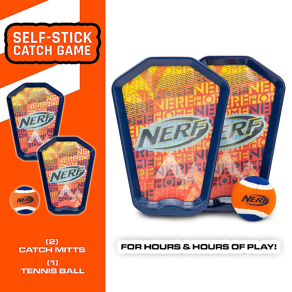 Nerf Toss and Catch Game with Paddles + Ball - Tennis Ball Catch Game with (2) Self- Stick Paddles - Perfect Kids Beach Toy + Backyard Game Set - Includes 2 Sticky Mitts + Tennis Ball