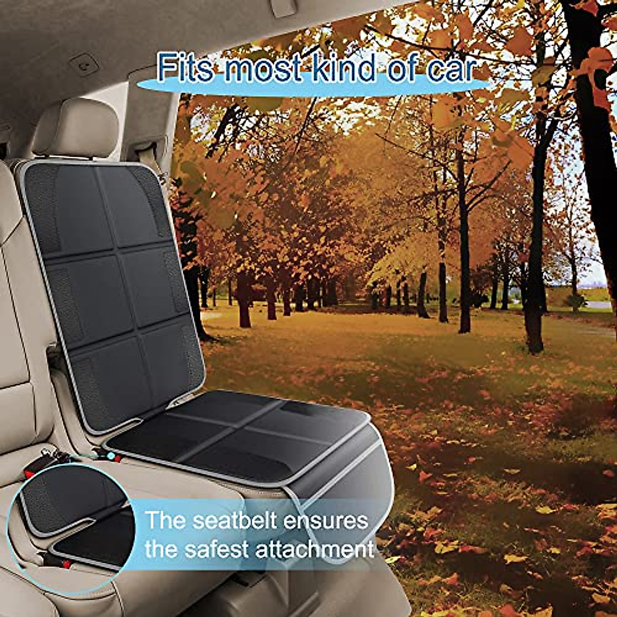 J&C Car Seat Protector for Child Carseat Waterproof Baby Car Seat Protector with Thickest Padding， Non-Slip Backing 2 Pockets, Fit for SUV Sedan Leather Seats