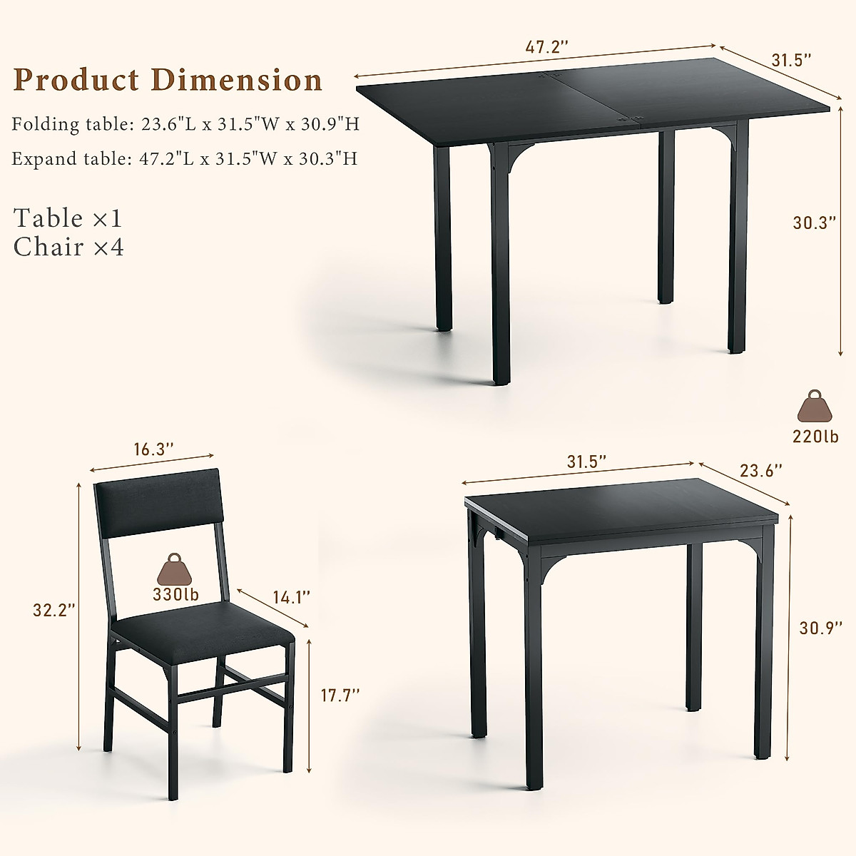 HUAHUU Dining Table Set for 4, Extendable Kitchen Table Cushion Chairs Set of 4, Rectangle Dining Table with Metal Frame & MDF Board, Folding for Small Apartment Saving Space, Black