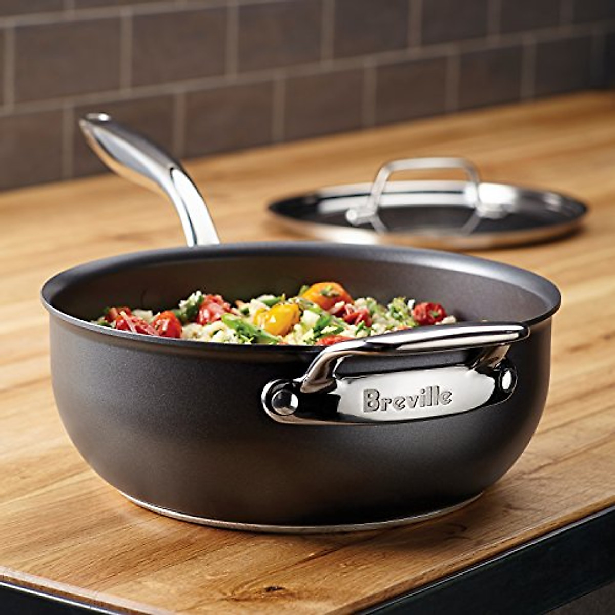 Breville Thermal Pro Hard Anodized Nonstick Sauce Pan/Saucepan/Saucier with Lid and Helper Handle, 4 Quart, Gray