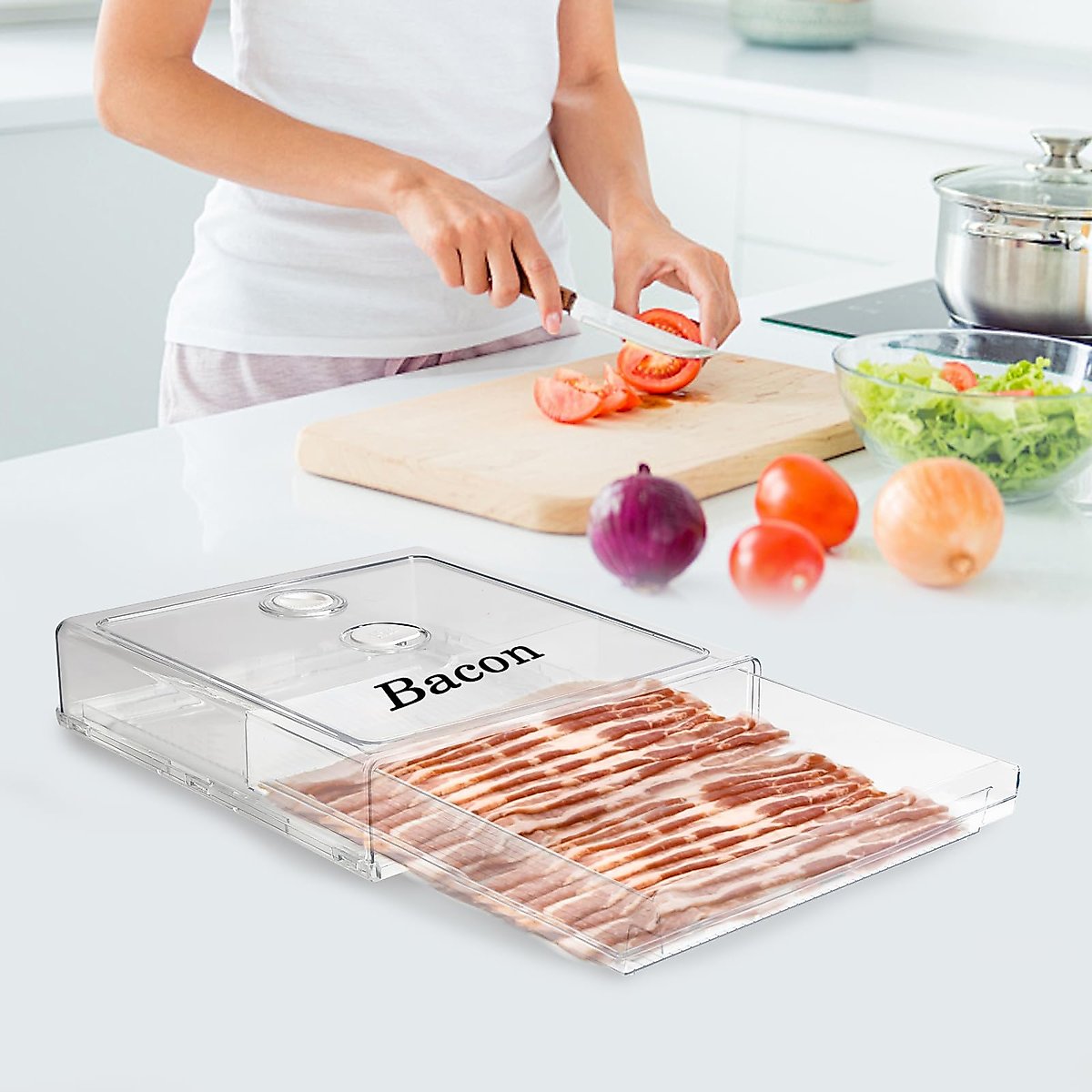 Xbopetda Bacon & Deli Meat Container for Fridge with Drawer, Stackable Cheese Container, Food Storage Organizer