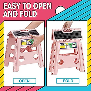 Uinicor 13" Folding Step Stool for Adults and Kids Holds Up to 300 lbs,Non-Slip Folding Stools with Handle, Compact Plastic Foldable Step Stool for Bathroom,Bedroom, Kitchen,Sakura Pink 1pc