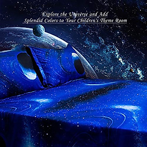 Bedlifes Galaxy Sheets Outer Space Sheet Set Galaxy Themed Sheets 4 pcs Flat Sheet& Fitted Sheets with 2 Pillowcases(Light Blue Full)