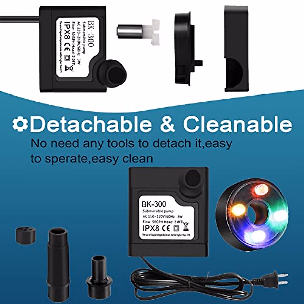 BCORLD Fountain Pump with LED Lights, Quiet Fountain Pump, Adjustable Water flow Fountain Pump，54GPH(200L/H，3W）, Outdoor Pond, Aquarium fish tanks, Home Décor Fountain,1 Nozzles，Power Cord 5ft