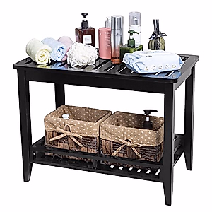 Zoopolyn Bamboo Shower Bench Stool with Storage Shelf Shower Bath Seat for Shaving Legs Waterproof in Bathroom & Inside Shower Black