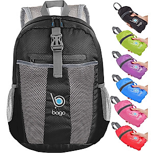 bago Lightweight Small Hiking Backpack for Women and Men - 25L Travel Day Pack - Foldable Hiking Daypack Ultralight for Camping Outdoor Sports - Day Bag Packable Backpack for Travel (Black)