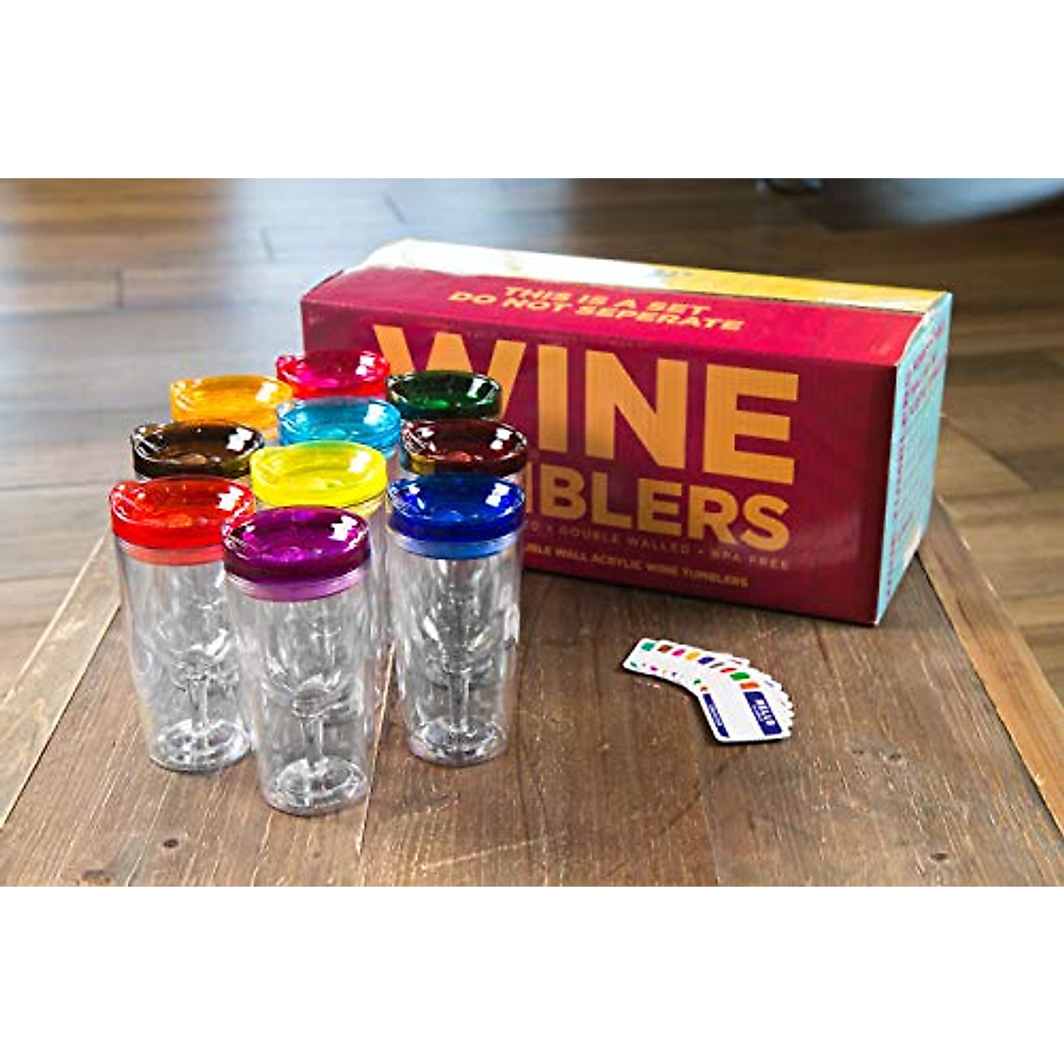 STRATA CUPS Insulated Wine Tumbler With Lid (SET OF 10) +BONUS Name Decals | Outdoor Acrylic Plastic Wine Glasses | 10oz Cup Tumblers in 10 Colors - Adult Sippy | Unbreakable Stemless Wine Glass