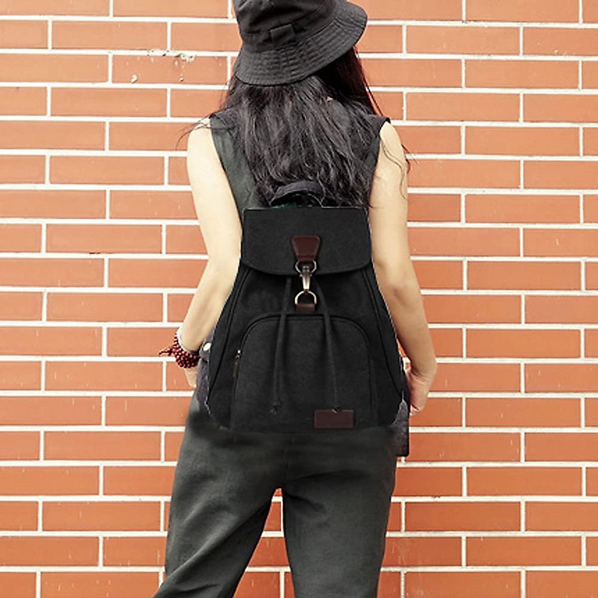 WITERY Canvas Backpack Purse for Women- 15.7 inch Laptop Bag Small Black Vintage Rucksack, Cute Casual Drawstring School Daypack for Hiking Travel Work