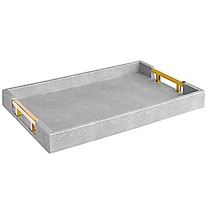 Modern Elegant 18"x12" Rectangle Grey Glossy Shagreen Decorative Ottoman Coffee Table Perfume Living Room Kitchen Serving Tray with Gold Polished Metal Handles by Home Redefined for All Occasion's